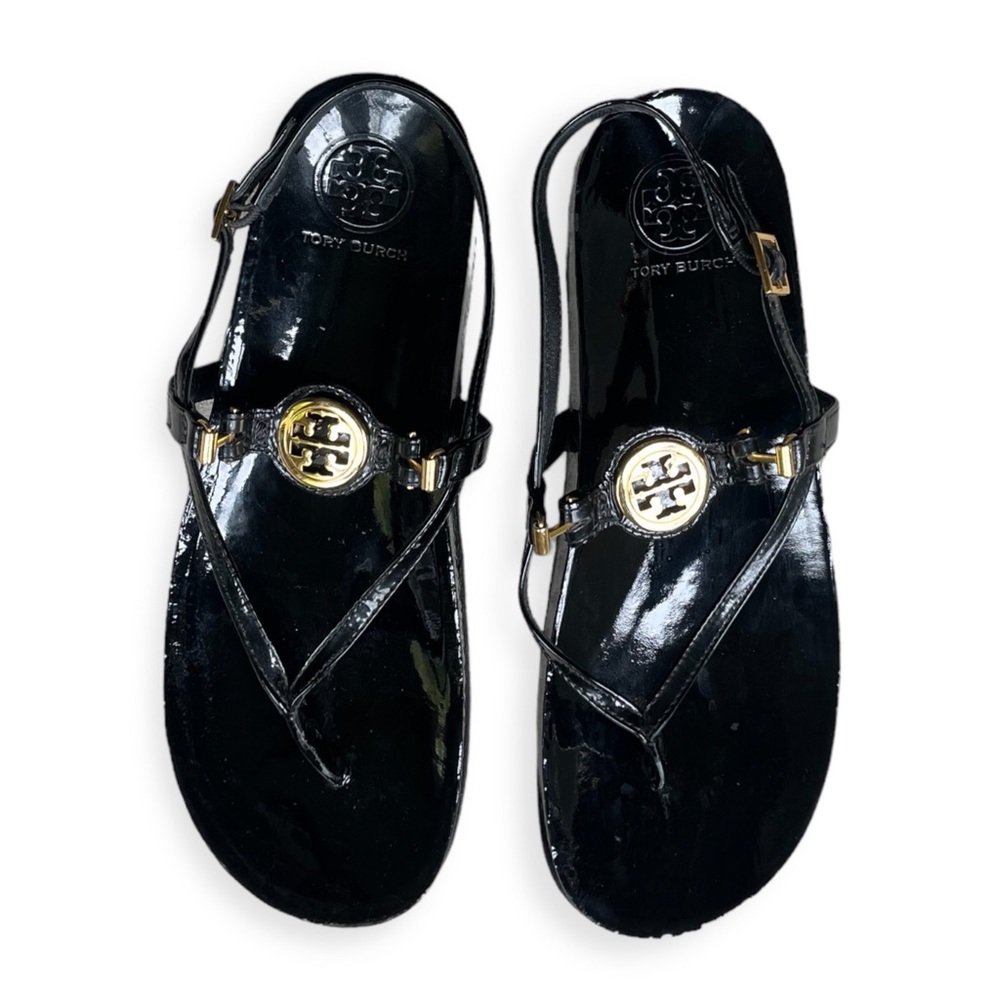 Rare Tory Burch Black Patent Leather Sandals W/Gold L… - Gem